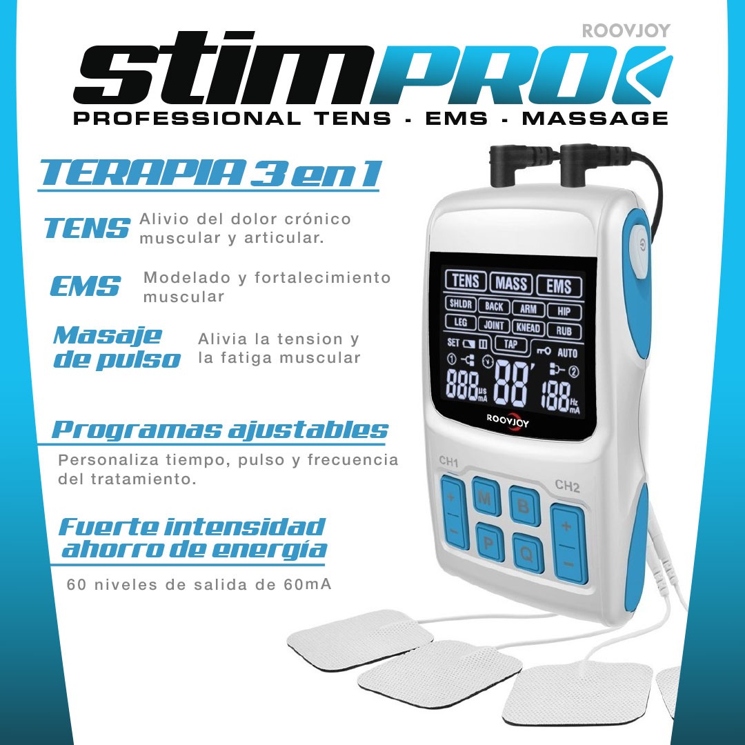 Stim PRO | Combina TENS, EMS y MASAJE DE PULSO | Equipo portátil
